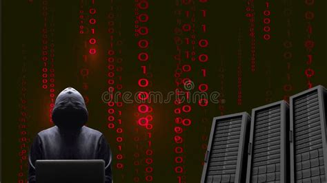 Left Shifted Black Silhouette Of Cybercriminal Hacker In Front Of His Laptop Screen Against Red