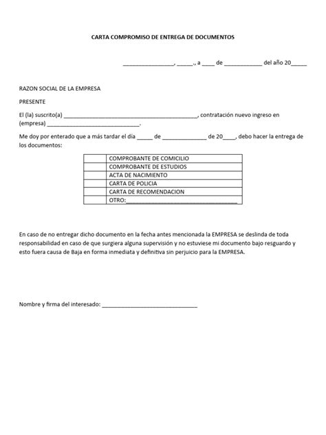Carta Compromiso De Entrega De Documentos 1 Pdf