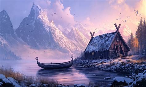 Scenic Viking Village By The Lake With Mountains And Traditional