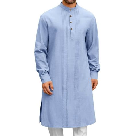 Light Royal Blue Man Collared Neck Faux Gauze Linen Match Lounge Button