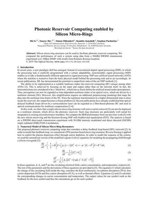 Pdf Photonic Reservoir Computing Enabled By Silicon Micro Rings