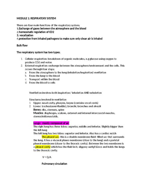 Bmsc 208 Notes Summary Of Bmsc 208 Module 1 4 Module 1 Respiratory