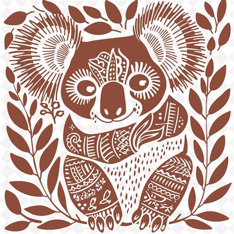 Premium Psd Png Koala Folk Art With Eucalyptus Leaves And Aussie Patterns Fo Illustration