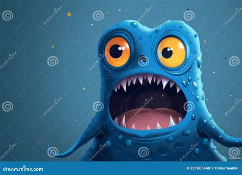 Cute Blue Blob Monster With Big Eyes And Open Mouth In A Cartoon Style