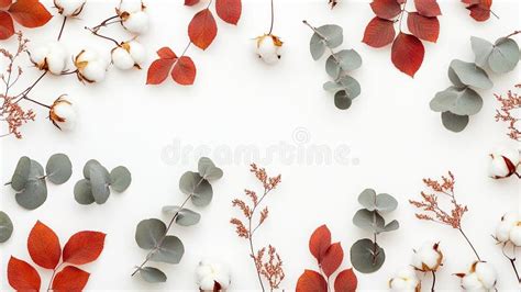 Autumn Composition With Pattern Made Of Eucalyptus On White Background