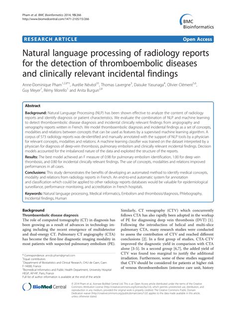 Pdf Natural Language Processing Of Radiology Reports For The Detection Of Thromboembolic