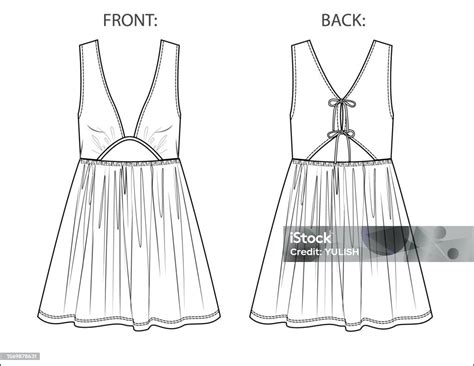 벡터 민소매 V넥 미니 드레스 기술 도면 활 디테일 패션 Cad 스케치 템플릿 플랫이 있는 여성 드레스 저지 또는 짠 직물