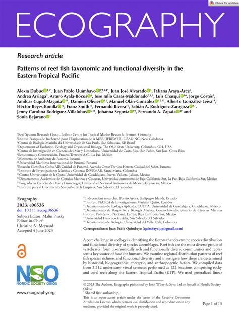PDF Patterns Of Reef Fish Taxonomic And Functional Diversity In The Eastern Tropical Pacific