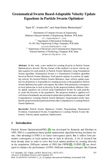 pdf grammatical swarm based adaptable velocity update equations in