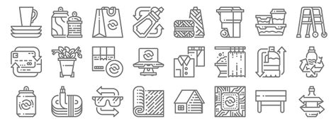 재활용 라인 아이콘입니다 선형 집합입니다 유리 병 프로세서 카펫 청량 음료 캔 우유 병 골판지 상자 워커 섬유와 같은 품질의 벡터 라인 세트는 물병에 대한 스톡 벡터 아트