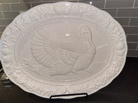 Vintage 18 Inch Ivory Ceramic Turkey Platter Flowers Fruit Border Made