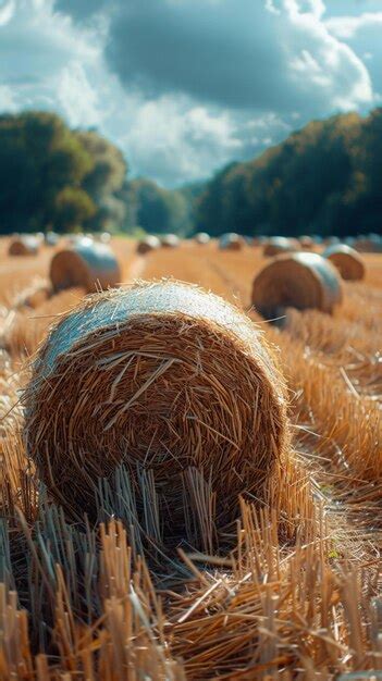 Arafed hay bales in a field with trees in the background generative ai | Premium AI-generated image