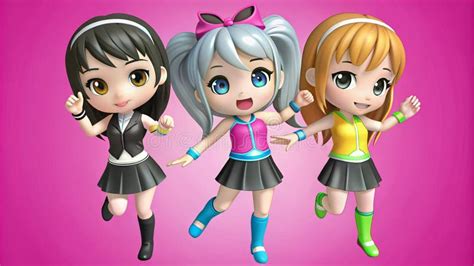 3d Adorable Chibi Anime Girls Dancing And Smiling In Colorful Outfits