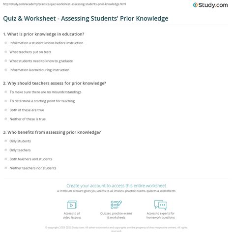 Quiz And Worksheet Assessing Students Prior Knowledge