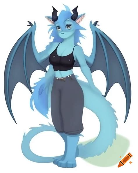 Anthro Light Blue Female Furry Dragon With Wings In Black Cropped Top