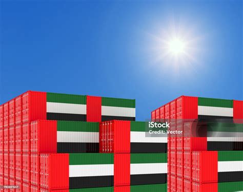 아랍 에미리트 국기의 국기와 컨테이너의 전체 컨테이너 마당 3d 그림 경제에 대한 스톡 사진 및 기타 이미지 경제 구매