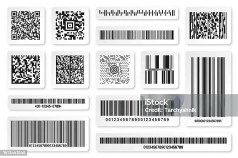 제품 바코드 및 Qr 코드 세트 식별 추적 코드 일련 번호 디지털 정보가 있는 제품 Id 상점 또는 슈퍼마켓 스캔 라벨 가격표 벡터 일러스트레이션 Qr코드에 대한 스톡 벡터