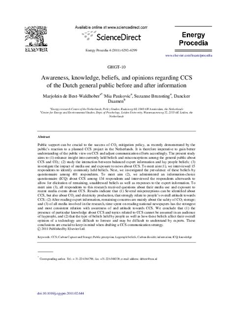 Awareness Knowledge Beliefs And Opinions Regarding Ccs Of The Dutch General Public Before And