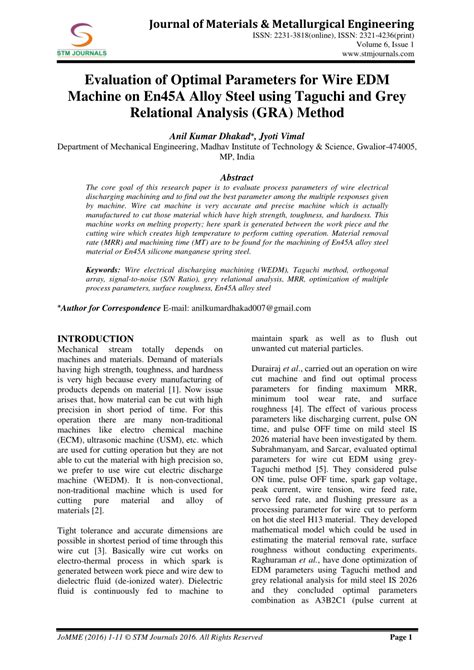 Pdf Evaluation Of Optimal Parameters For Wire Edm Machine On En45a Alloy Steel Using Taguchi