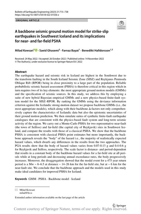 A Backbone Seismic Ground Motion Model For Strike‑slip Earthquakes In Southwest Iceland And Its