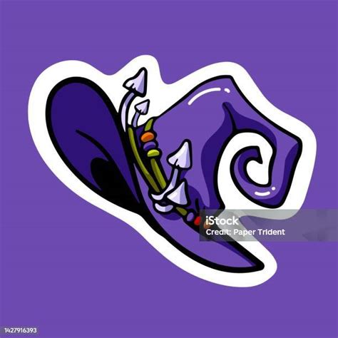 할로윈 휴가를위한 뾰족한 마녀 모자 뾰족한 모자 짜증나는 소름 끼치는 Helloween 보라색 머리 착용 10 월 파티 헤드 웨어 마법사 액세서리 장식 격리된 플랫 벡터