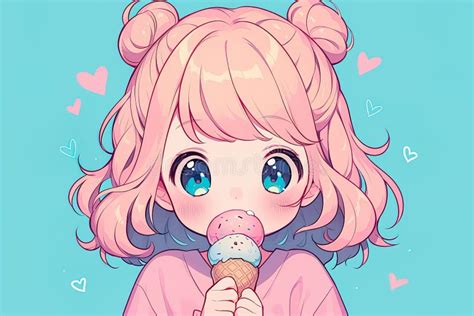 Ragazza Carina Di Chibi Con Capelli Rosa Che Mangia Un Cono Gelato Su