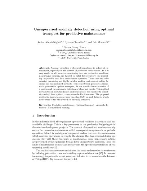 Pdf Unsupervised Anomaly Detection Using Optimal Transport For Predictive Maintenance