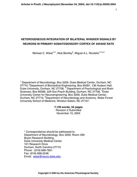 Pdf Heterogeneous Integration Of Bilateral Whisker Signals By Neurons In Primary Somatosensory