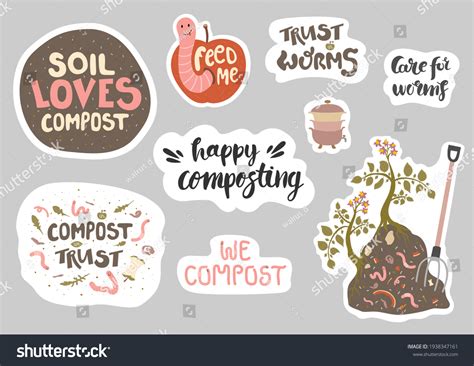 Set Stickers About Vermicomposting Composting Collection Stock Vector