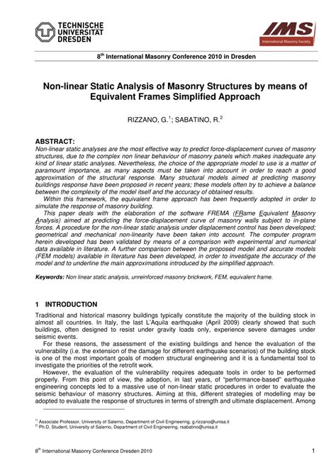 pdf non linear static analysis of masonry structures by means of