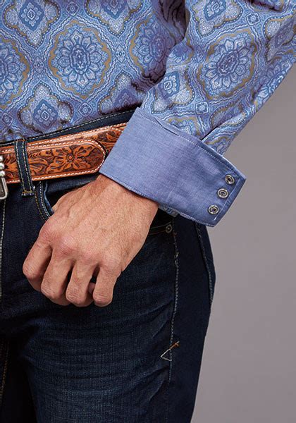 Pearl Snap Mens Western Shirt ~ Chambray Medallion Paisley