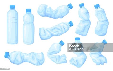 구겨진 병 비위생적 인 플라스틱 분쇄 병 물 깨진 병에 든 쓰레기 쓰레기 쓰레기 쓰레기 플라스틱 폐기 바다 폐기물 환경 오염 깔끔한 벡터 일러스트 레이 션 병에 대한 스톡