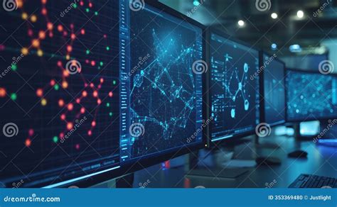 multiple computer screens showing various colorful graphs and data