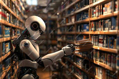 premium photo a robot librarian organizing books in a library ar