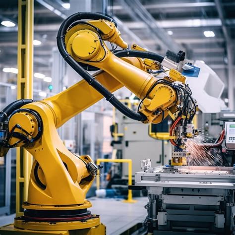 un primer plano de un robot en una fábrica con una máquina de corte