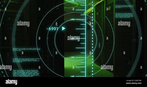 Image Of Data Processing And Scope Scanning Over Server Room Stock