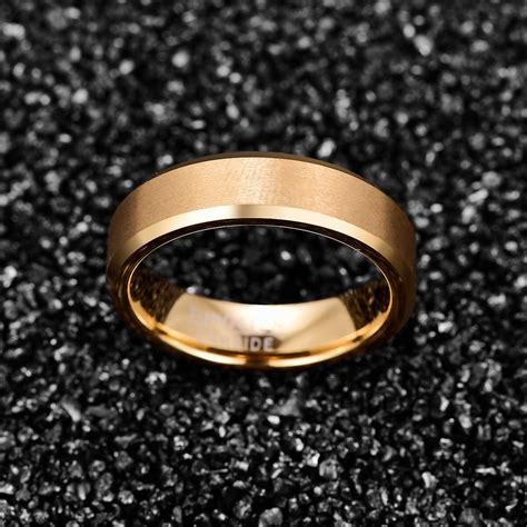 Nuncad 6mm Tungsten Carbide Ring Matte Finish Beveled Mens Gold Color