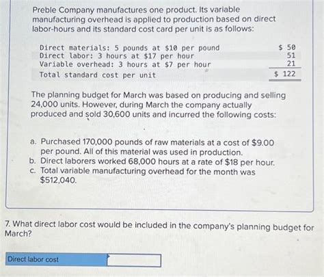 Solved Preble Company Manufactures One Product Its Variable