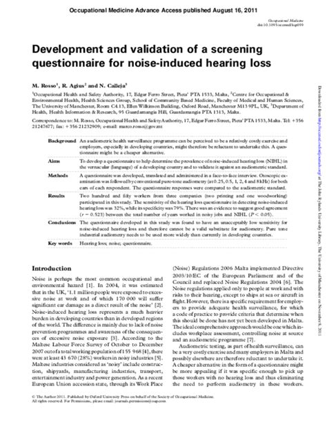 Pdf Development And Validation Of A Screening Questionnaire For Noise Induced Hearing Loss