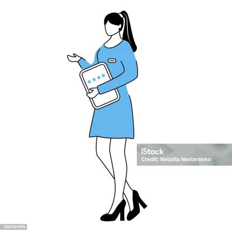 리조트 매니저 플랫 벡터 일러스트레이션 등급별이 있는 클립보드를 들고 있는 드레스를 입은 여성 서비스 직원 호스피탈리티 직원