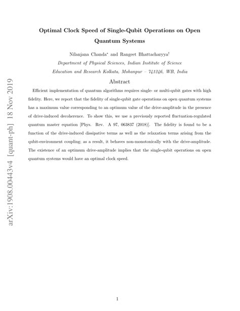 PDF Optimal Clock Speed Of Single Qubit Operations On Open Quantum Systems