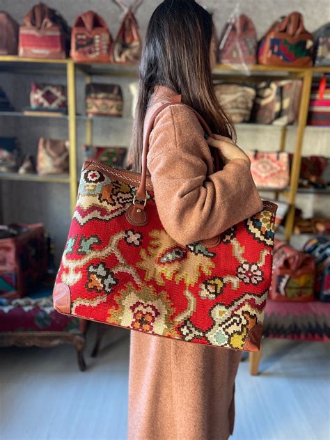Kilim Duffle Bag Genuine Leather Wool Overnight Bag Etsy