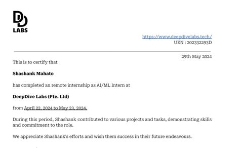 Shashank Mahato On Linkedin Ai Machinelearning Deeplearning Internship Professionalgrowth