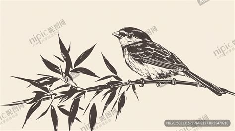 Ai创作图麻雀手绘插画 竹雀图 雀上竹枝 写意麻雀 竹雀纹 手绘麻雀 原创手绘鸟麻雀 小鸟白描 麻雀与树枝 花鸟白描 竹鸟画 鸟麻雀插画 竹枝上的鸟 手绘工笔竹鸟 竹林麻雀 昵图网