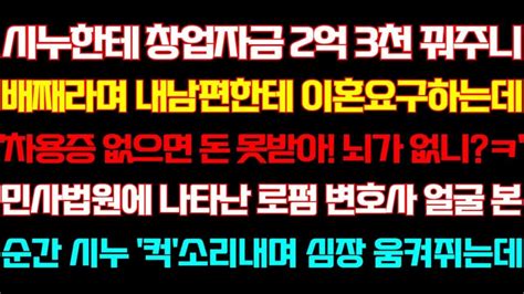 반전 신청사연 시누한테 창업자금 2억 3천 꿔주니 내 남편한테 이혼요구하는데 민사법원에 나타난 로펌 변호사 얼굴 본 순간 시누 기절하는데실화사연낭독드라마라디오