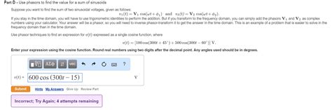 solved use phasors to find the value for a sum of sinusoids