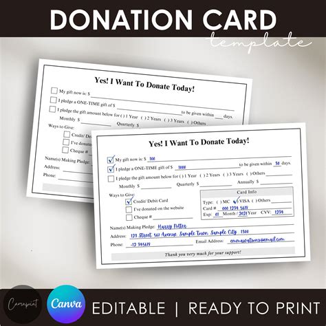 Editable Donation Card Printable Pledge Form Donation Form Donation