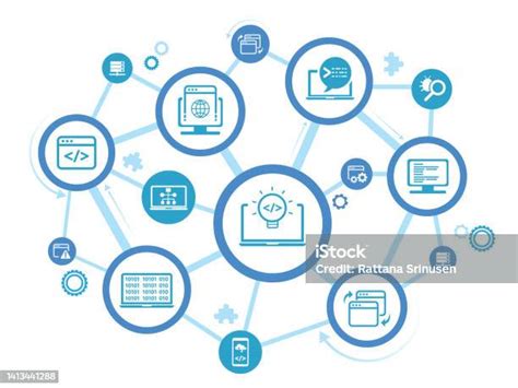 소프트웨어 엔지니어링 또는 프로그래밍 벡터 일러스트레이션 Html 코딩 응용 프로그램 베타 테스트 소프트웨어 디자인 및 개발 프로세스 구현 및 검증과 관련된 파란색 개념