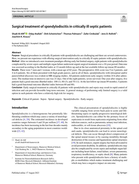 Pdf Surgical Treatment Of Spondylodiscitis In Critically Ill Septic Patients