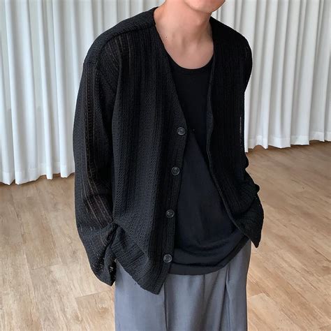 Wk 남자 루즈핏 레이스 시스루 가디건 여름 브이넥 카디건